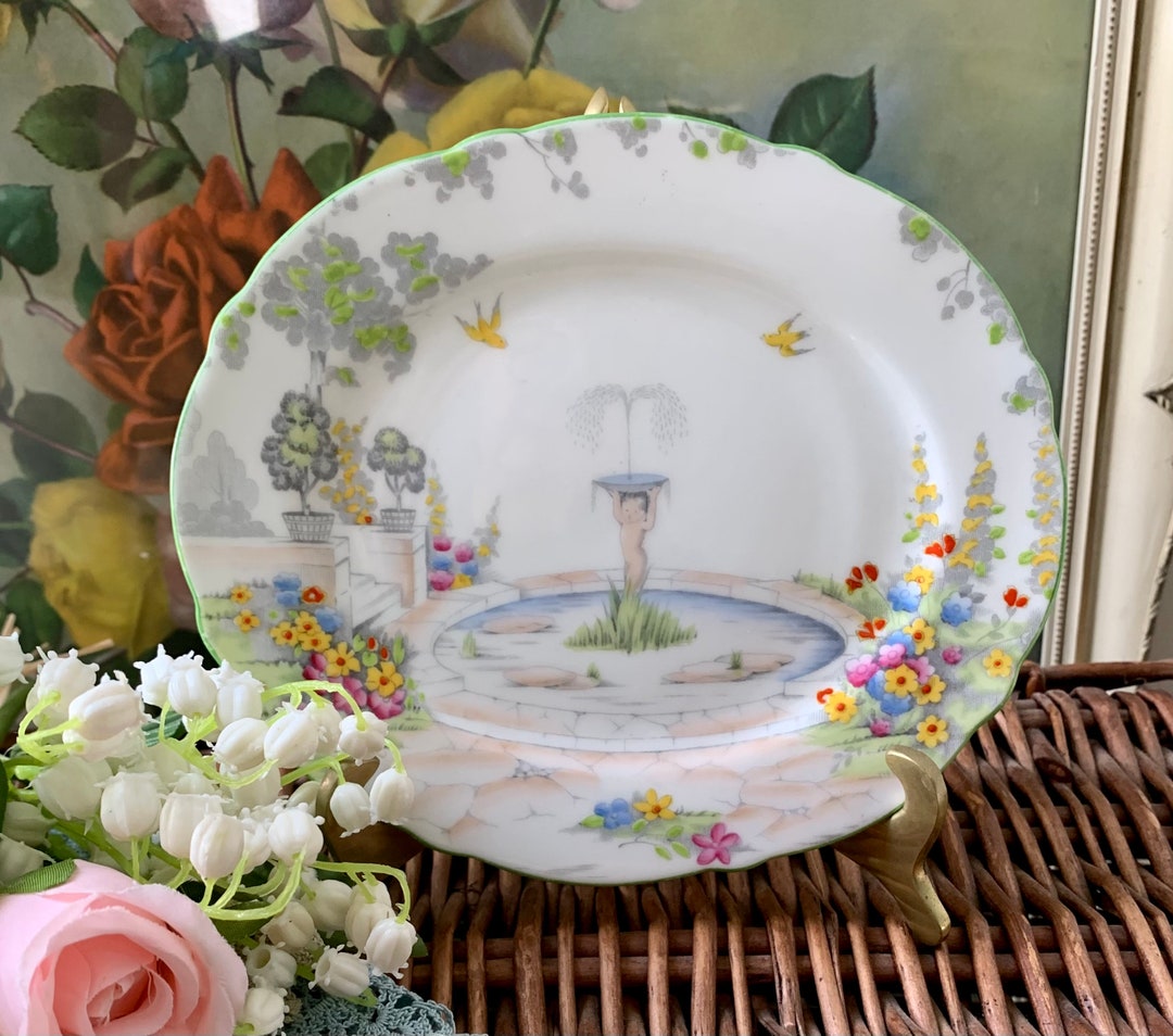 Stunning Rare Vintage Paragon China Oval Plate Old World Garden Cherub ...
