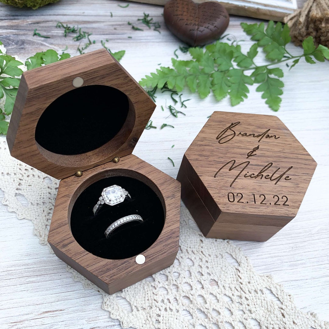 Hexagon Wedding Ring Box for Wedding Ceremony, Engraved Wooden Ring Box ...