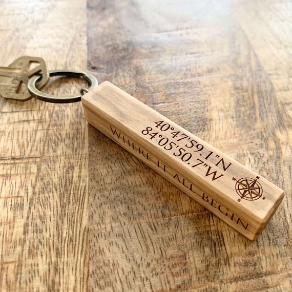 Personalized Coordinates Wood Keychain Personalized Custom | Etsy