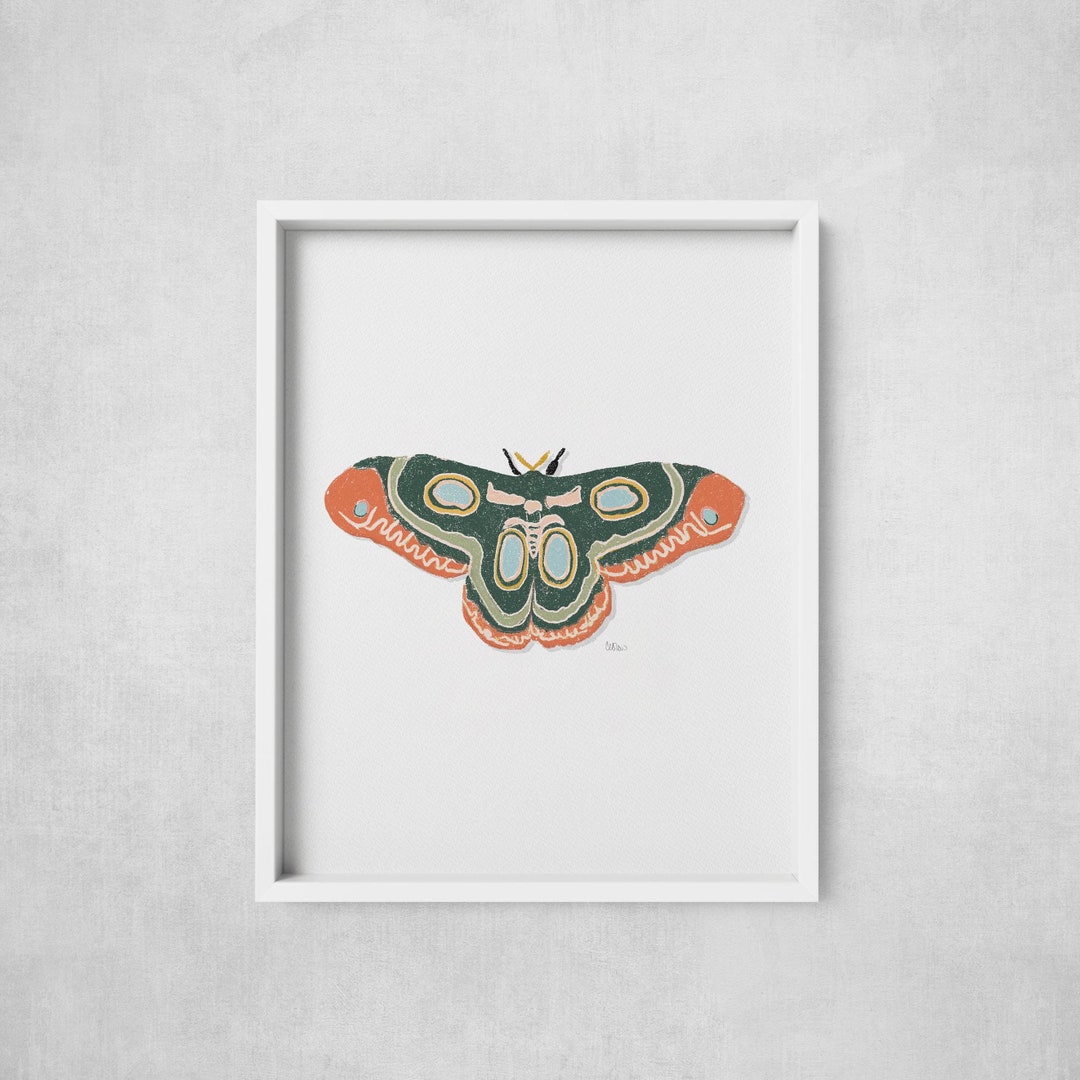 Green Moth Art Print: Whimsical Chalk-style Insect Poster - Etsy