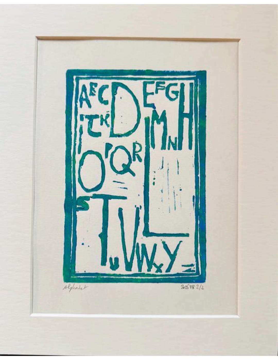 Original Lino Cut Print of Alphabet Drawing in Blue/green - Etsy