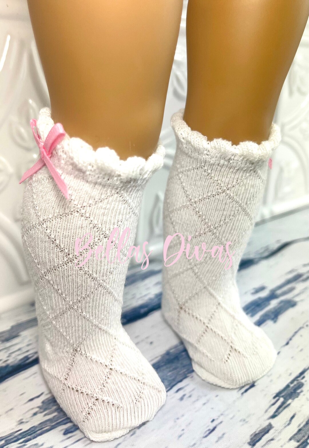 18 Inch Girl Doll COQUETTE KNEE HIGH Socks White Diamond Patterned ...