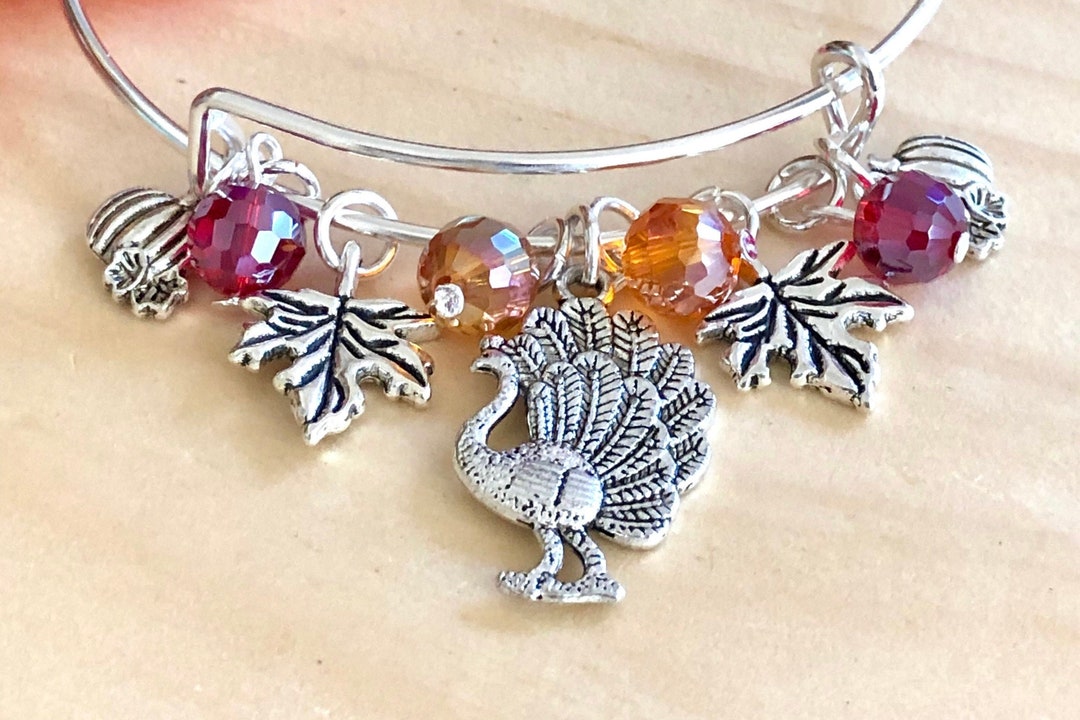 Thanksgiving Turkey and Fall Leaves Silver Charm Expandable Bangle ...