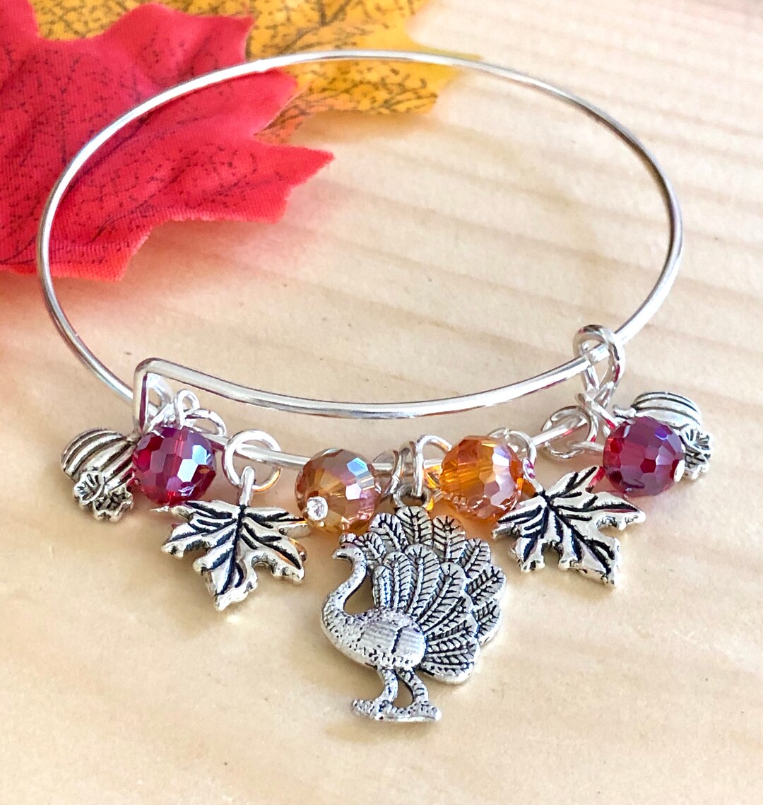 Thanksgiving Turkey & Fall Leaves Silver Charm Expandable Bangle ...