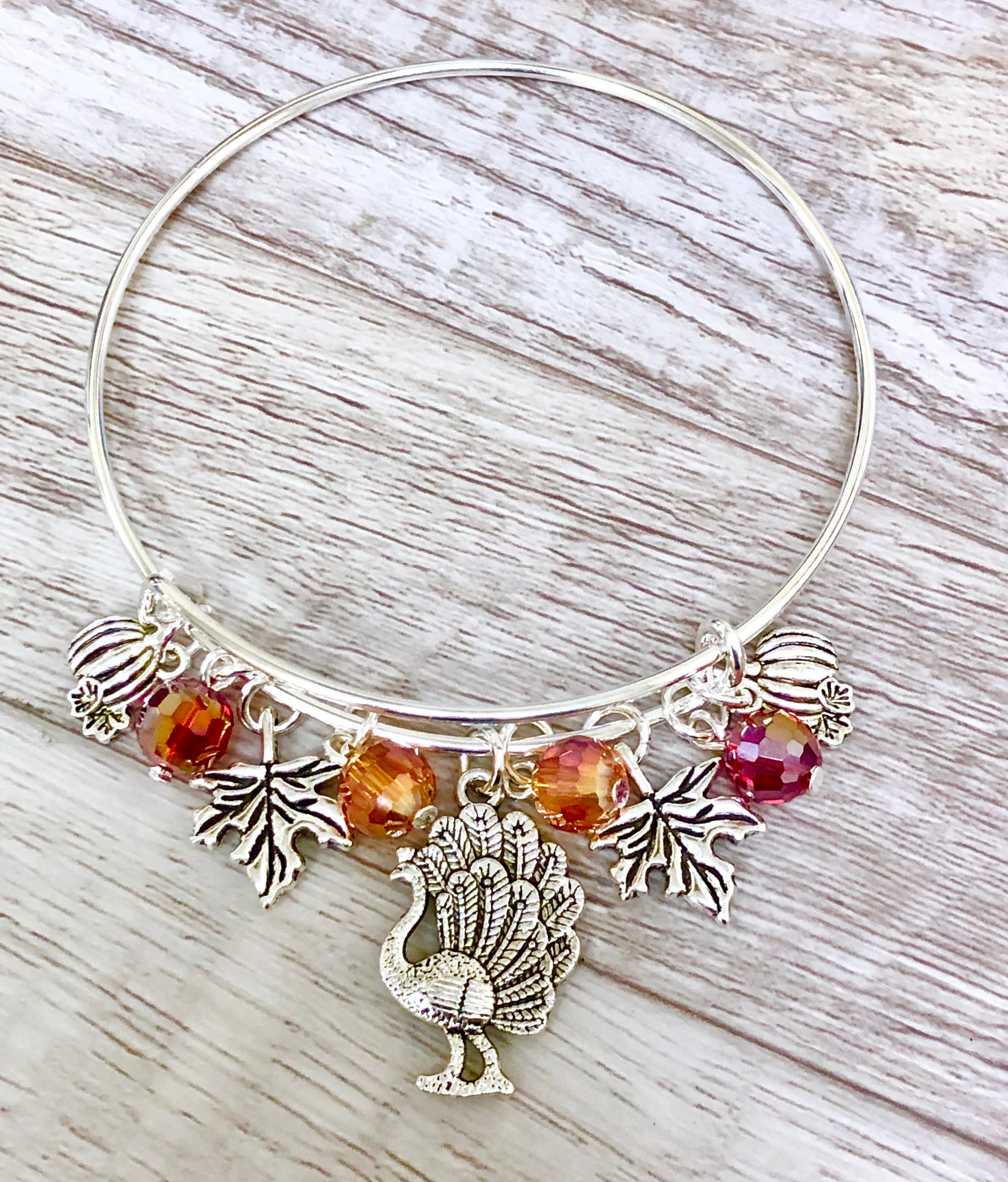 Thanksgiving Turkey and Fall Leaves Silver Charm Expandable Bangle ...