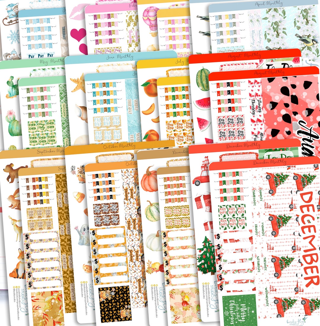 Full Year MONTHLY Kit Planner Stickers 000 | Monthly Spread for Erin ...