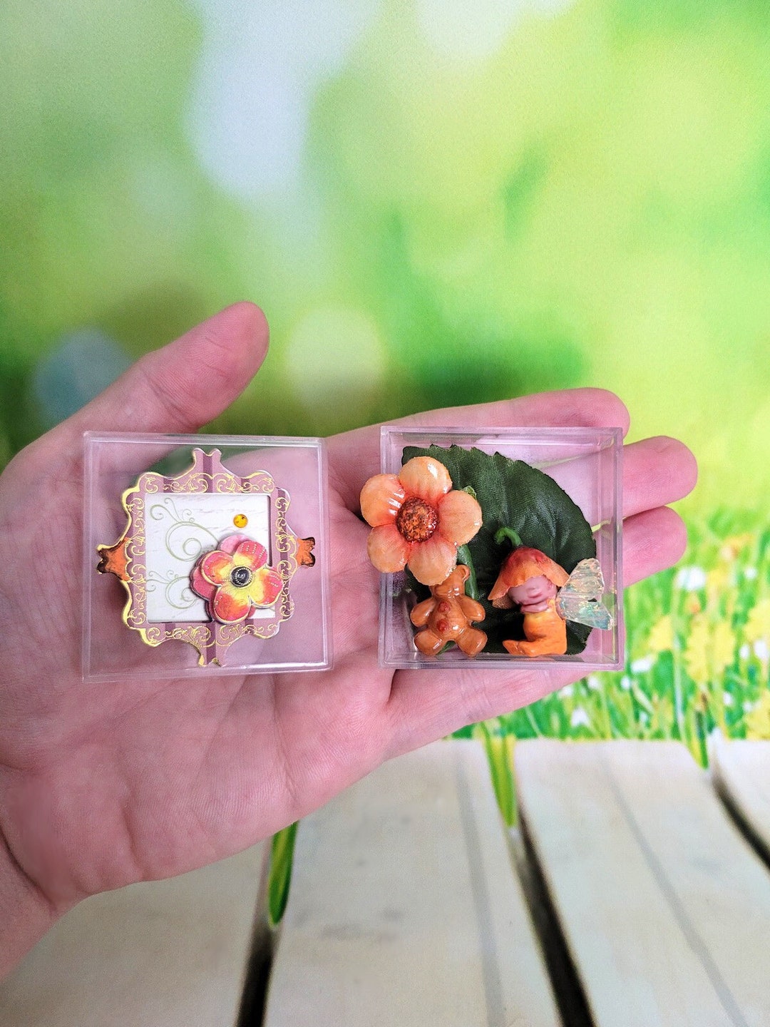 OOAK Tiny Micro Miniature Baby Fairy in Clear Box ~ Flower Bear Fantasy ...