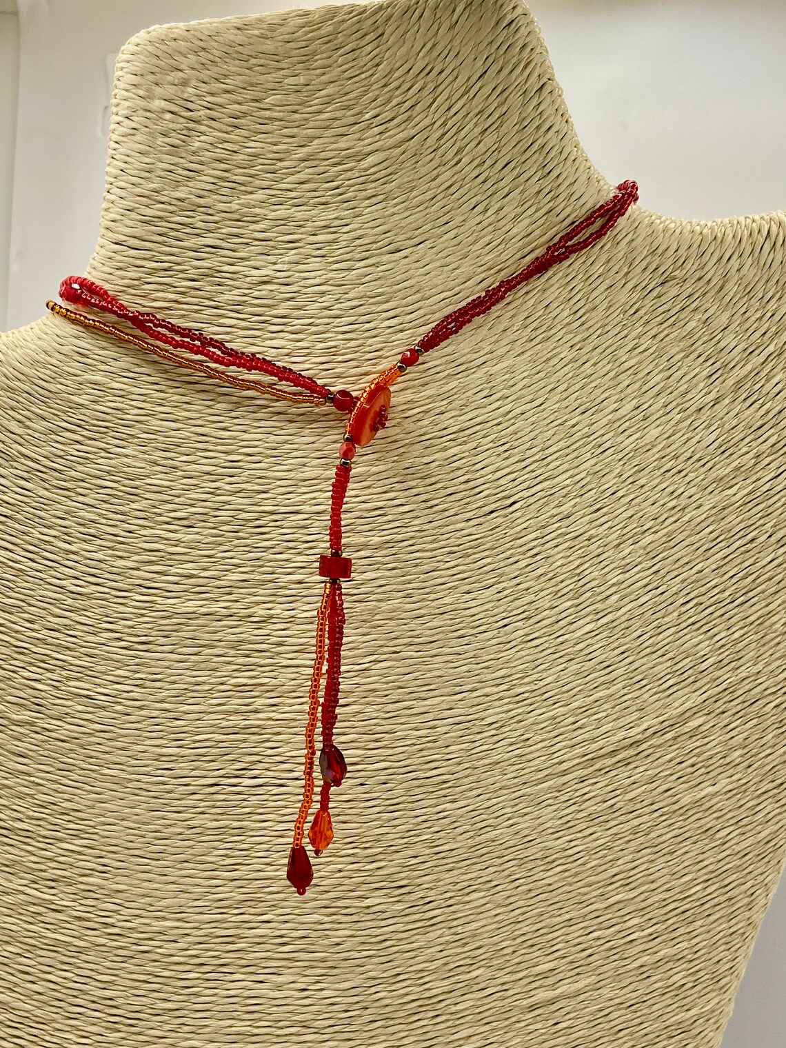 Red Handmade Beadwork Pendant Choker Necklace Multi Strand Etsy