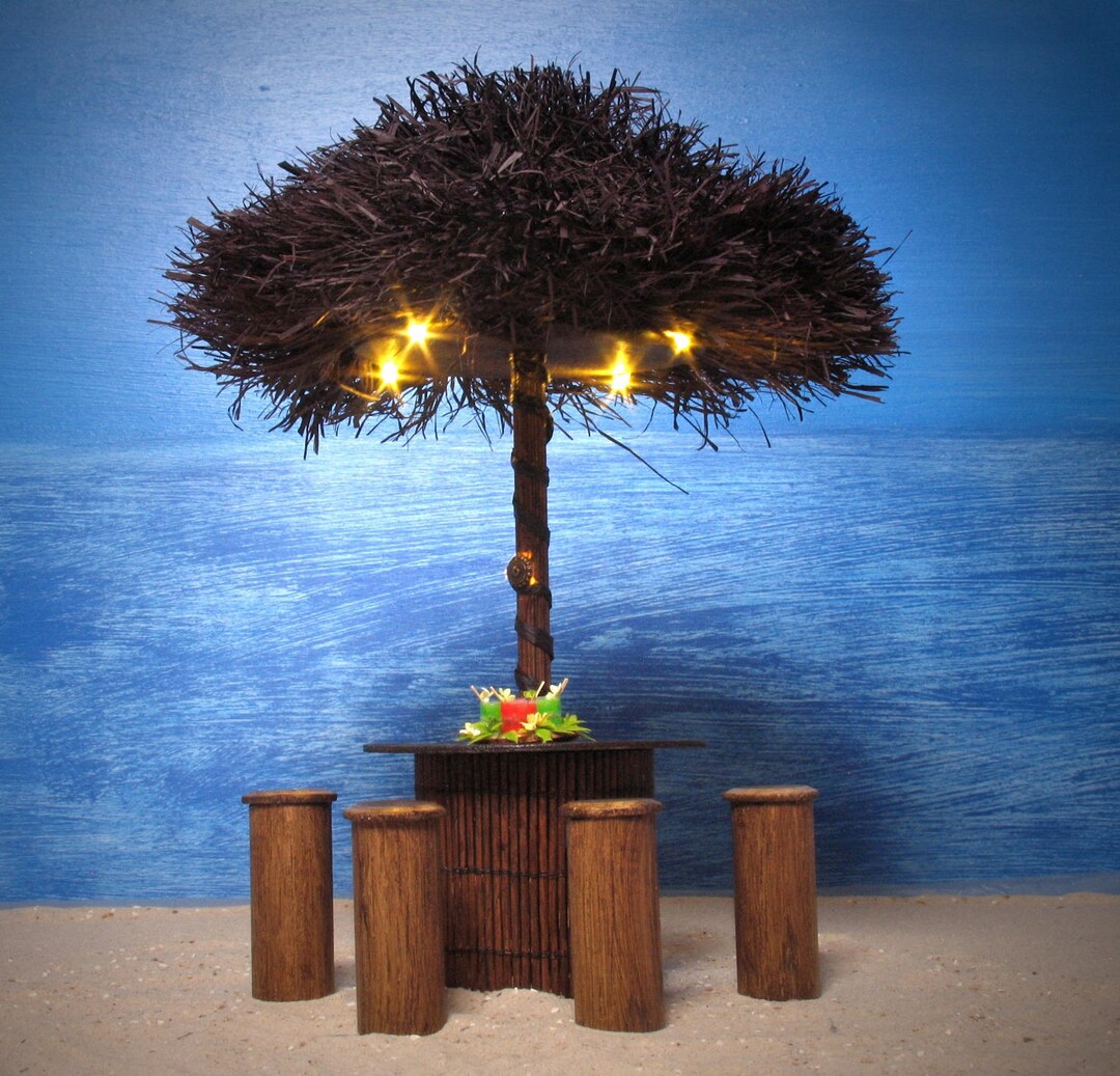 Illuminated Tropical Miniature Beach Bar Table Set for Your Dollhouse ...
