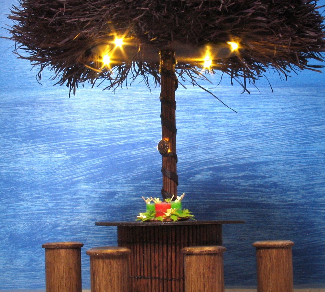 Illuminated Tropical Miniature Beach Bar Table Set for Your Dollhouse ...