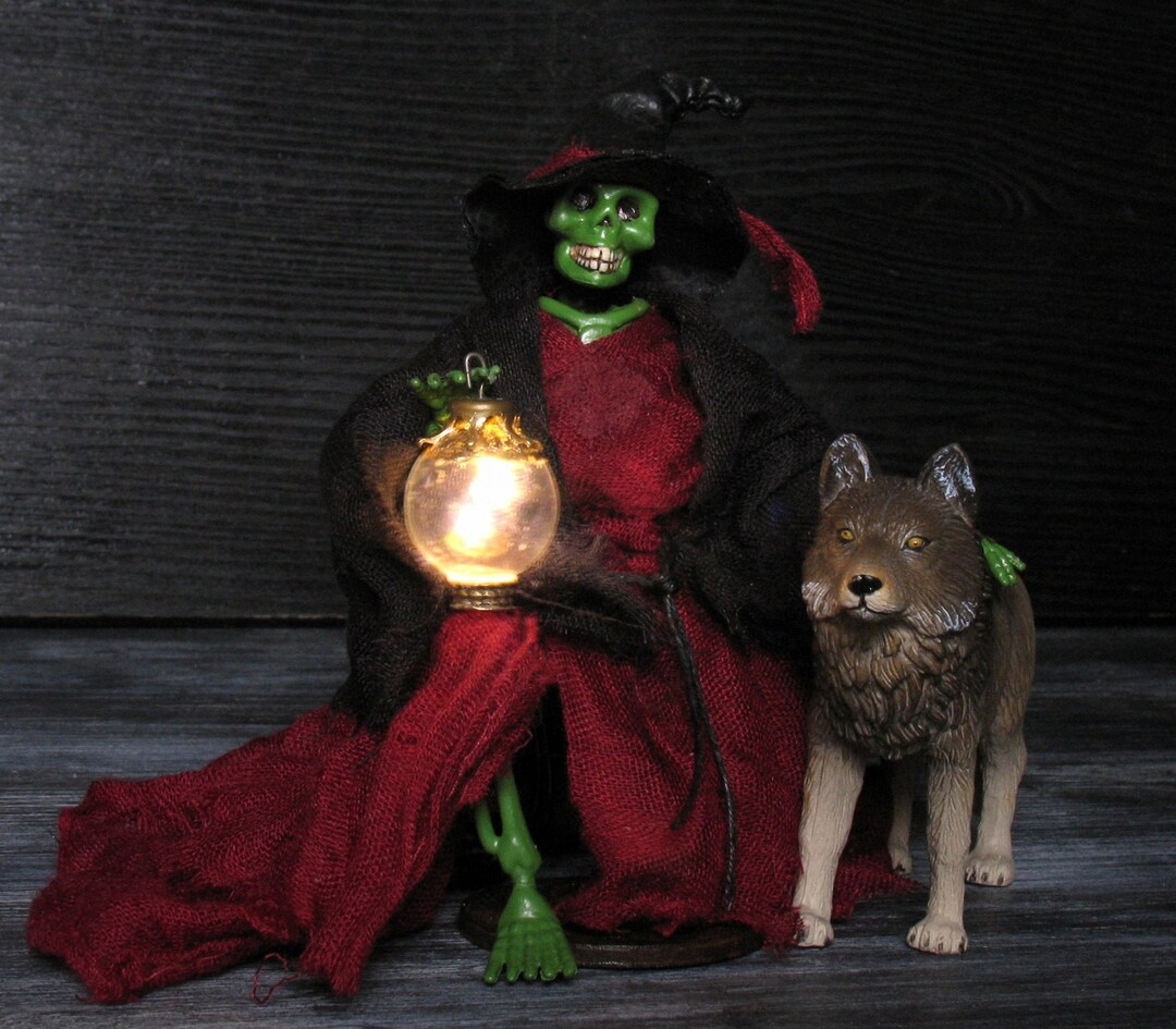 Miniature Skeleton "witch With Illuminated Lantern and Wolf" for Your ...