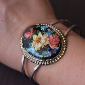 Birth Flower Clamp Bracelet Black Cabochon With Handpainted Wild ...