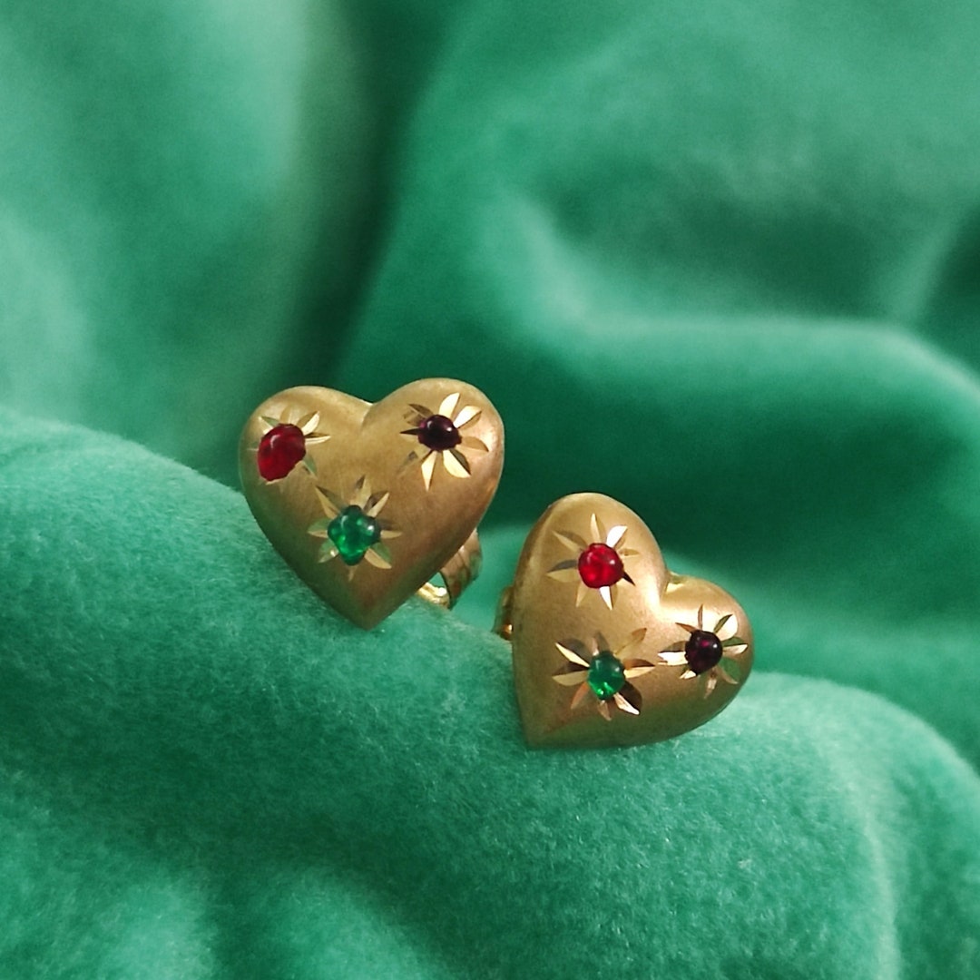 14K Puffed Heart Studs Tiny Heart Studs 14K Screw on Stud Earrings Tiny Stones Small Puffed ...