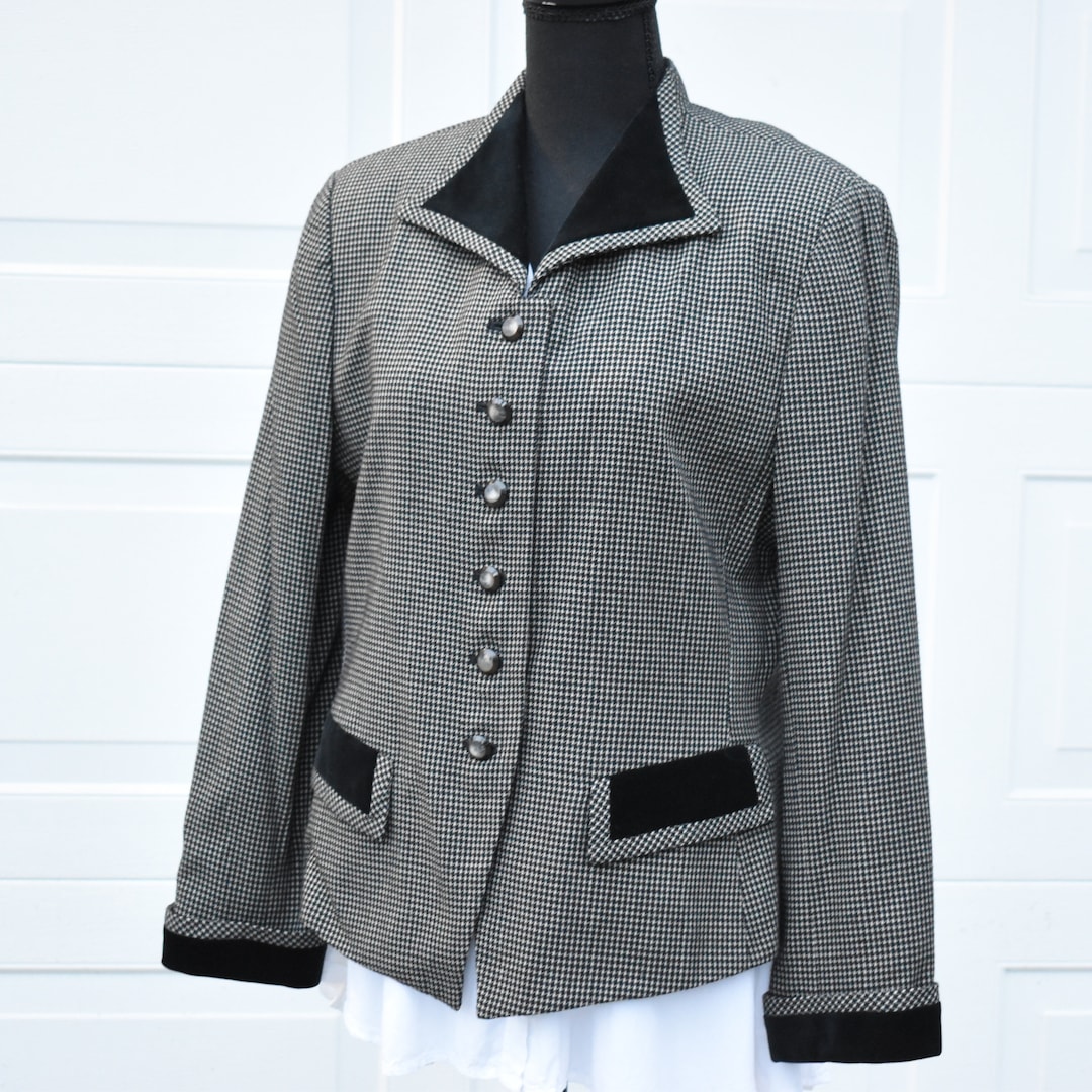 Houndstooth Blazer Button up Suit Jacket Size 12 Petite Black Small ...