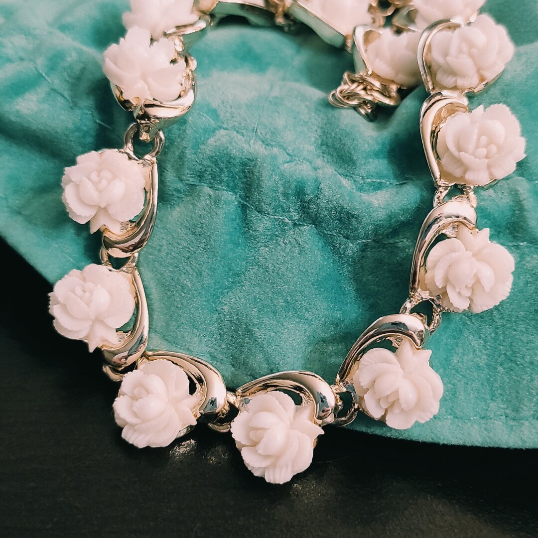 White Rose Link Choker Bridal Floral Necklace Adjustable Silver Tone ...