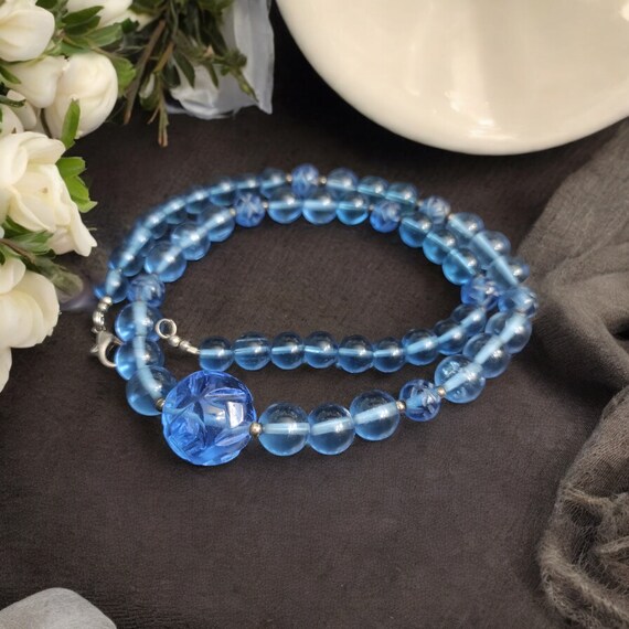 Antique Blue carved glass long beaded necklace 24 inc… - Gem