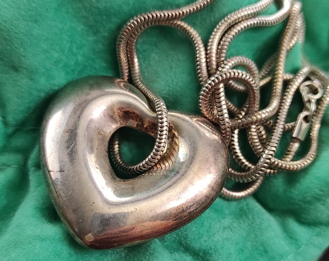 Large Silver Floral Puffed Heart Necklace, Long Heart Pendant Necklace ...