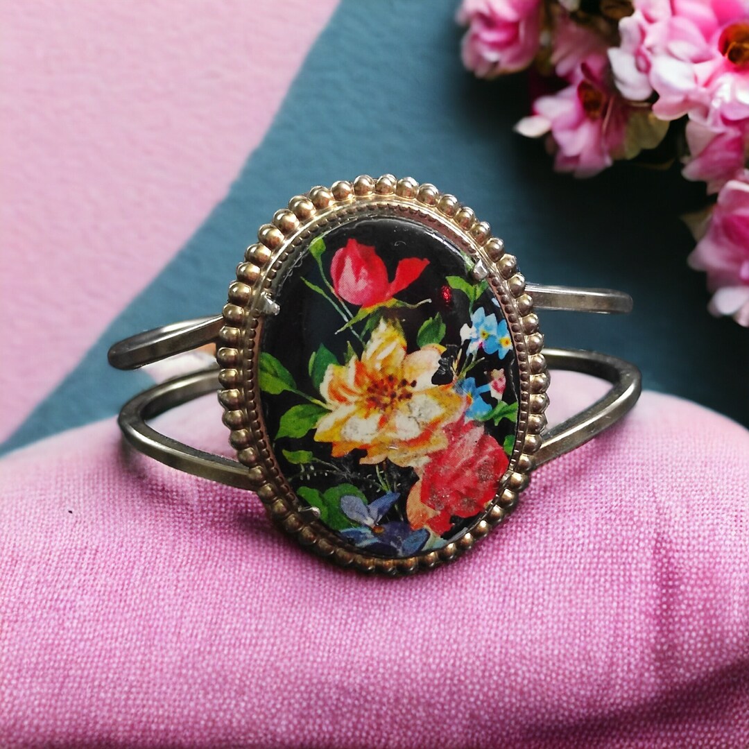 Birth Flower Clamp Bracelet Black Cabochon With Handpainted Wild ...