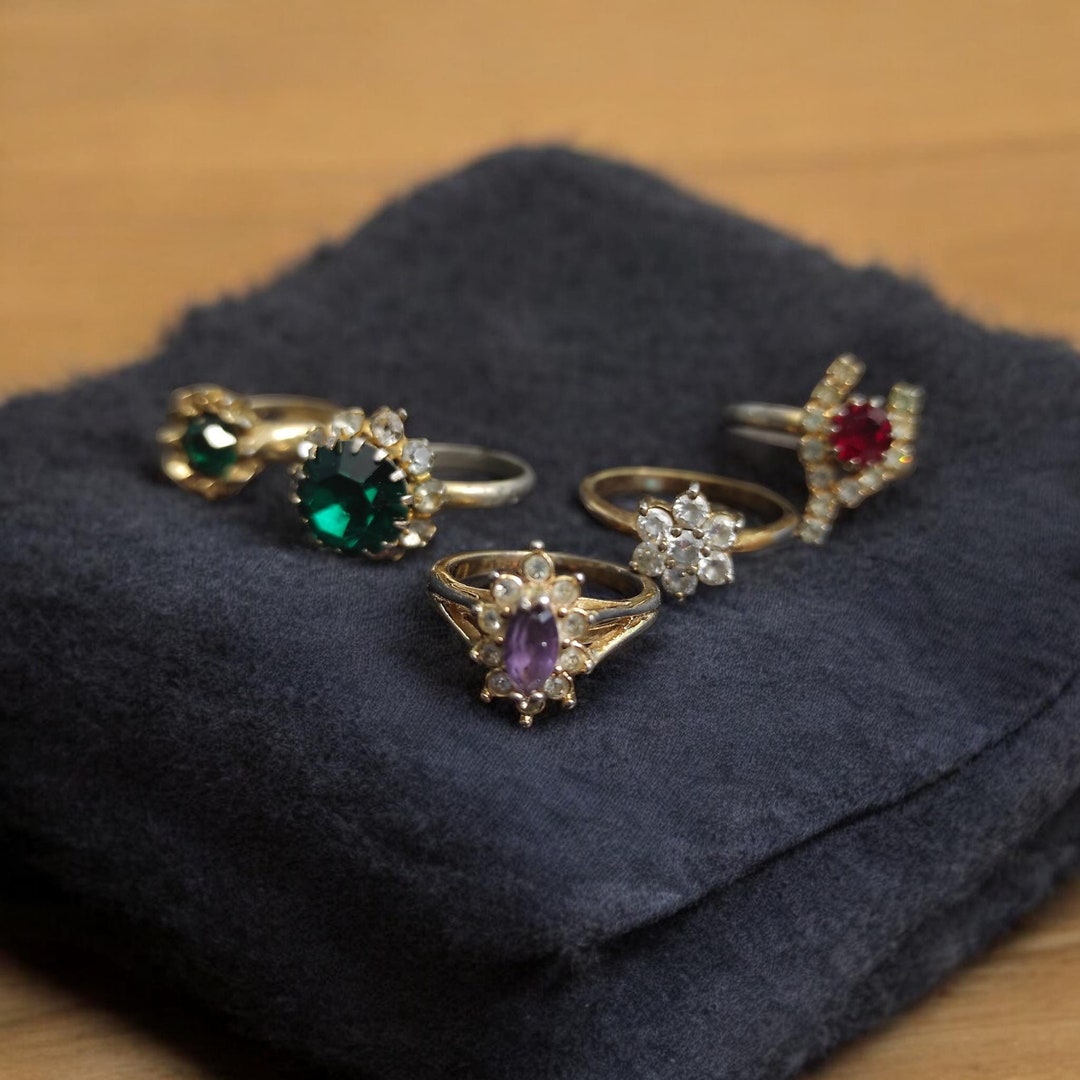 90s Style Ring Chunky Gold Wide Band Adjustable Rhinestone Crystals ...
