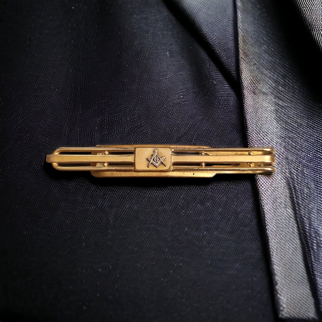 Vintage Masonic Tie Clip Father Day Gift Gold Tone Designer Signed Long ...