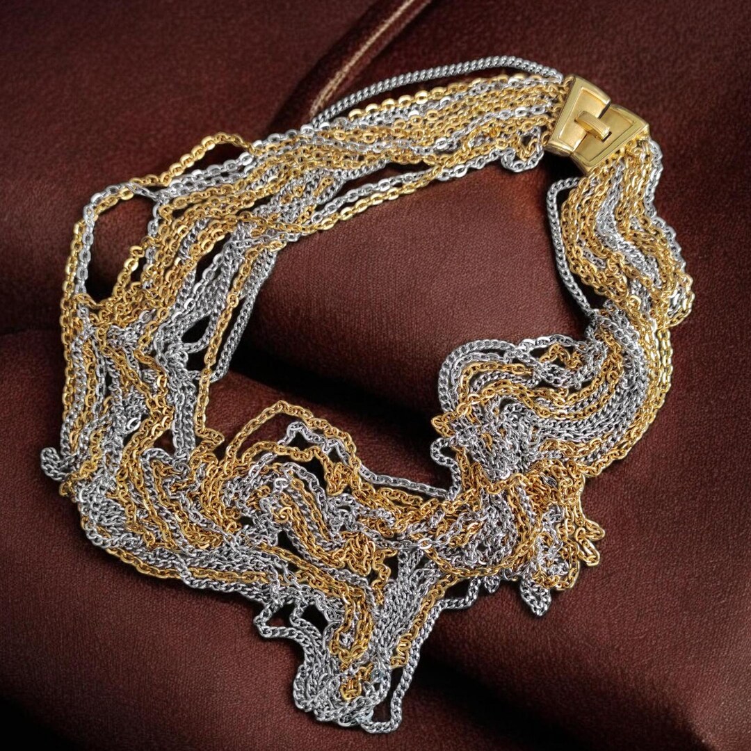 Vintage Trifari Extra Long Silver Gold Layered Multi Chain Necklaces ...