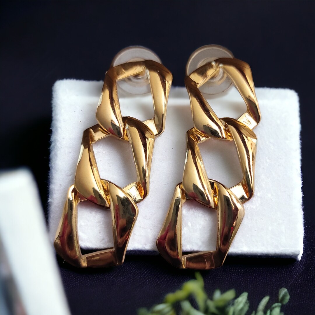 90s Gold Link Chain Stud Earrings Cuban Chain Earrings Gold Plated ...