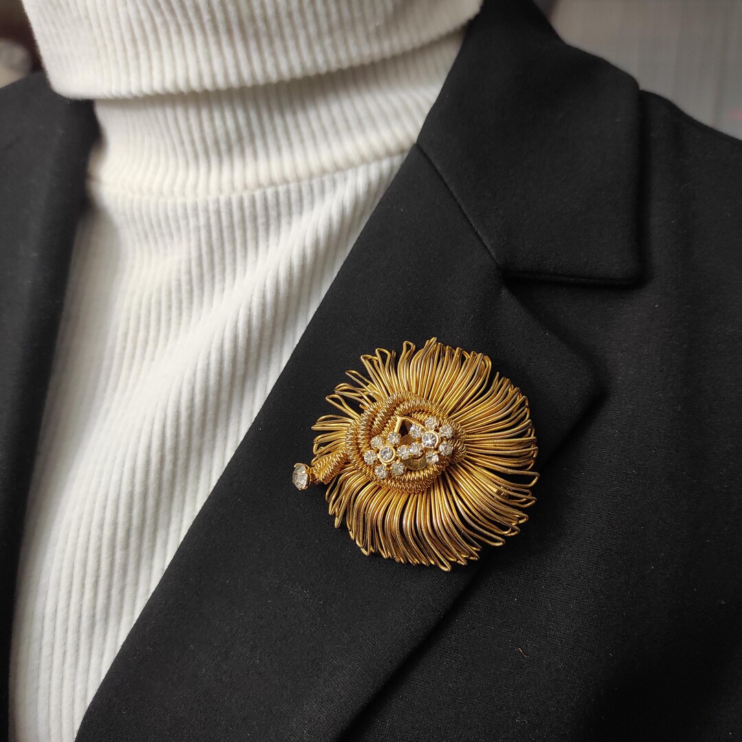 Large Gold Flower Brooch With Crystals Modernist Floral Pin Christmas ...