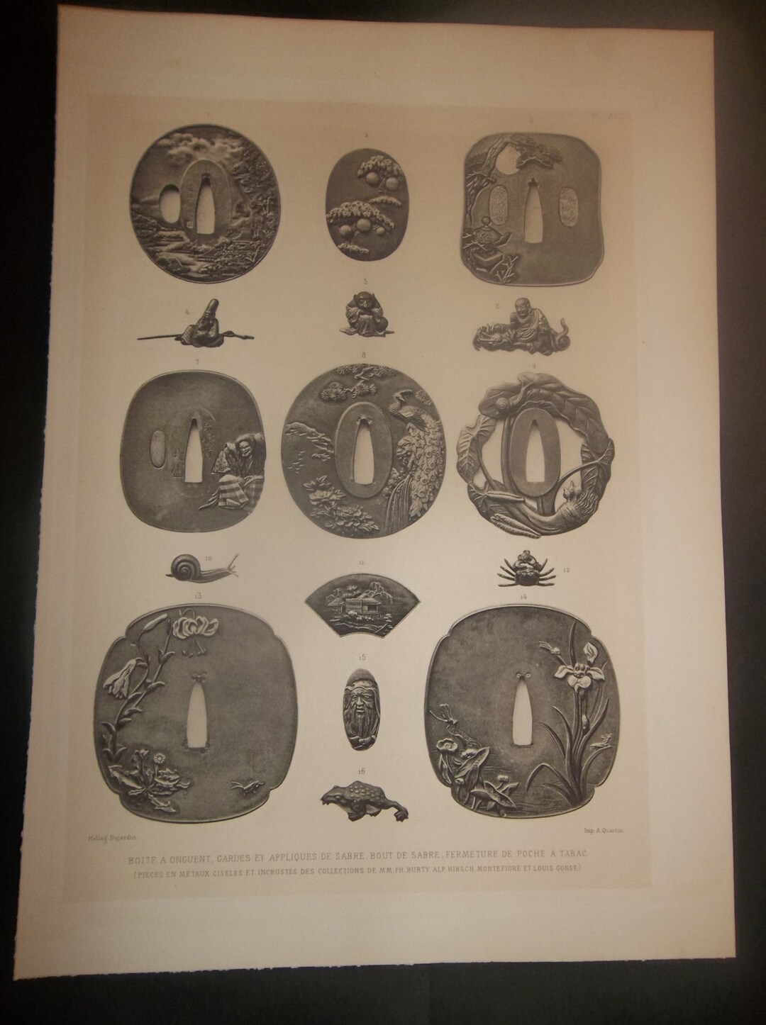 1883 Heliogravure Koshirae Tsuba Menuki Pegs Hilt Katana Samurai Sword ...
