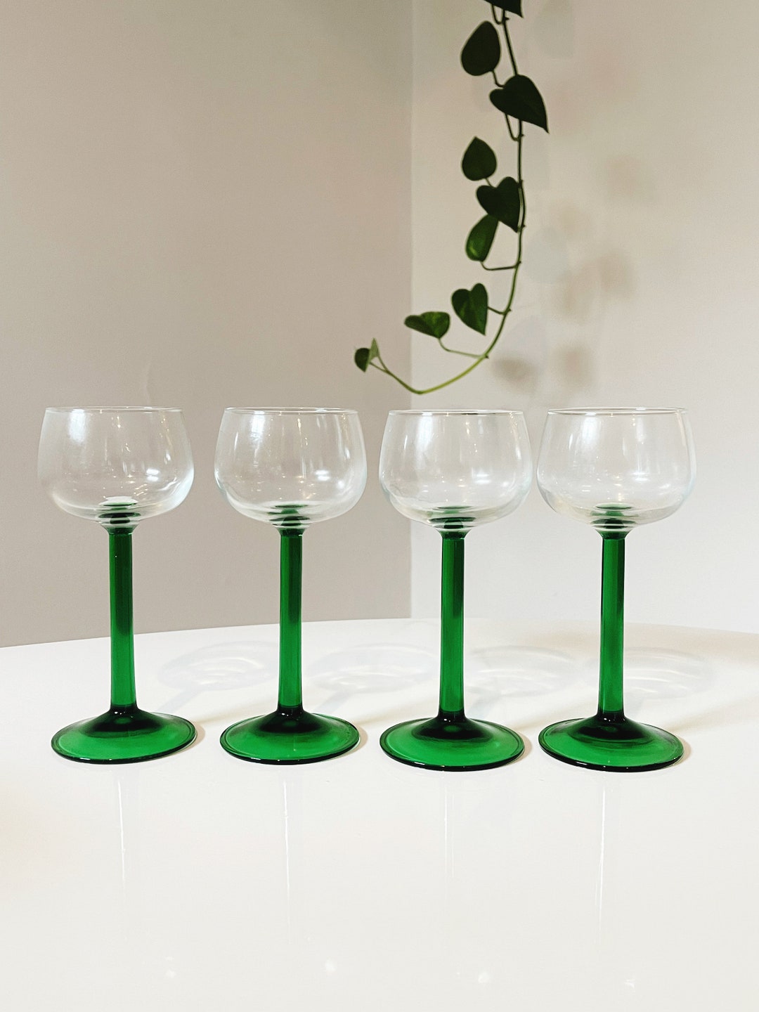 Set of Four Vintage Luminarc France Green Stem Glasses - Etsy