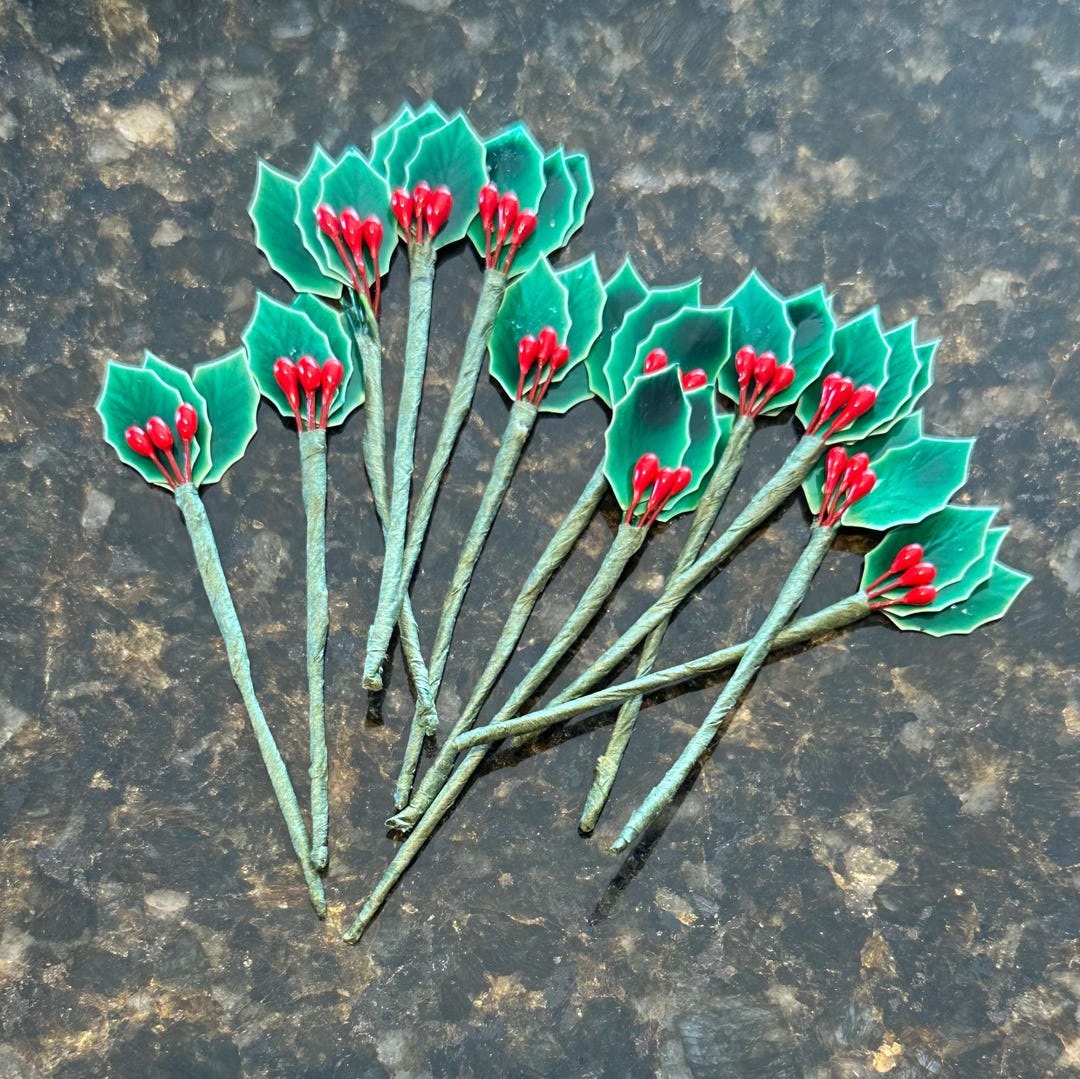 Miniature "lacquered" Holly Leaves & Berries Stem 12 Pack NEW - Etsy