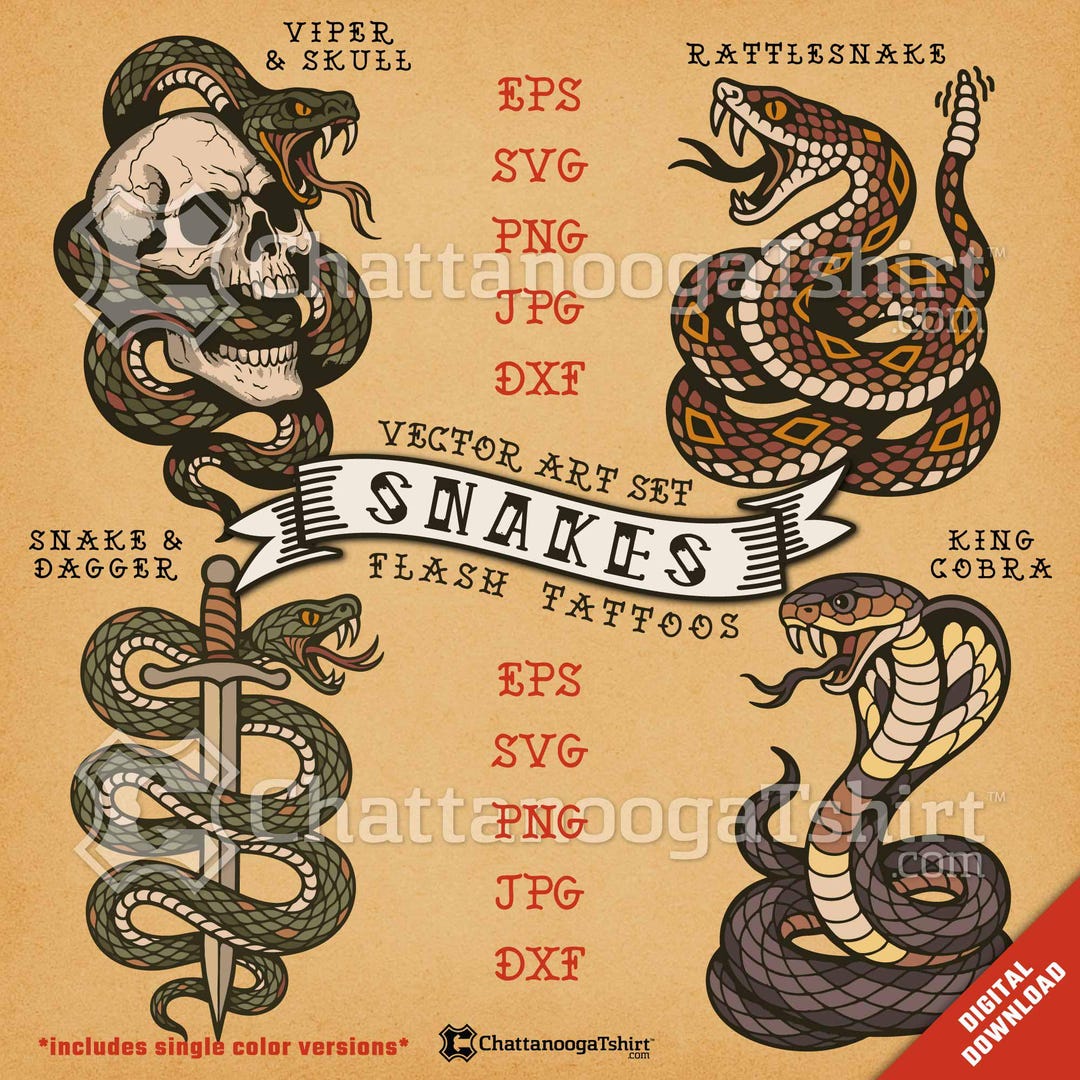 Classic Old School Snake Tattoo Flash Set: Traditional Snakes Vector ...