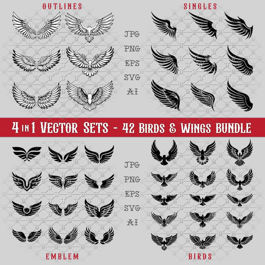 Digital Vector Birds & Wings Silhouette Outlines - 4 Sets-in-1 Bundle ...