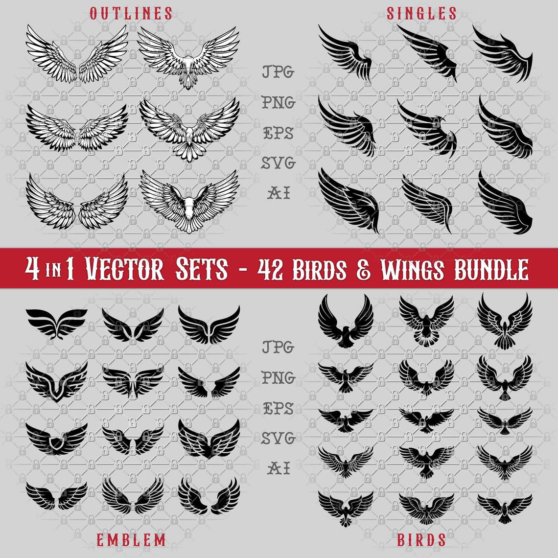 Siluetas de aves y alas vectoriales SVG: paquete de 4 conjuntos en 1 ...