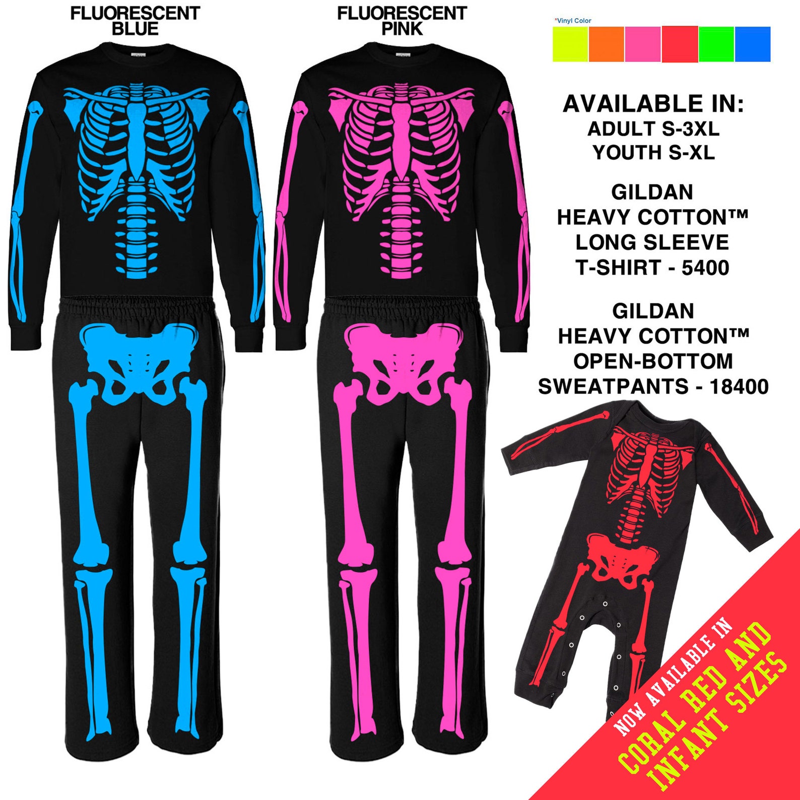 Halloween Skeleton FLUORESCENT Light Costumes Front & Back | Etsy