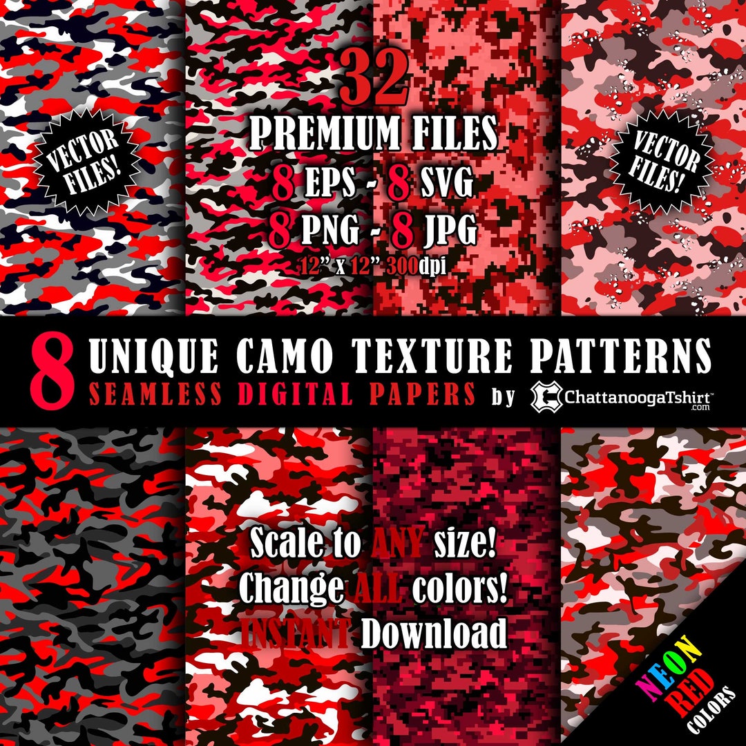 Seamless Neon RED Camo Texture Pattern Vector Pack & Repeating Hi ...