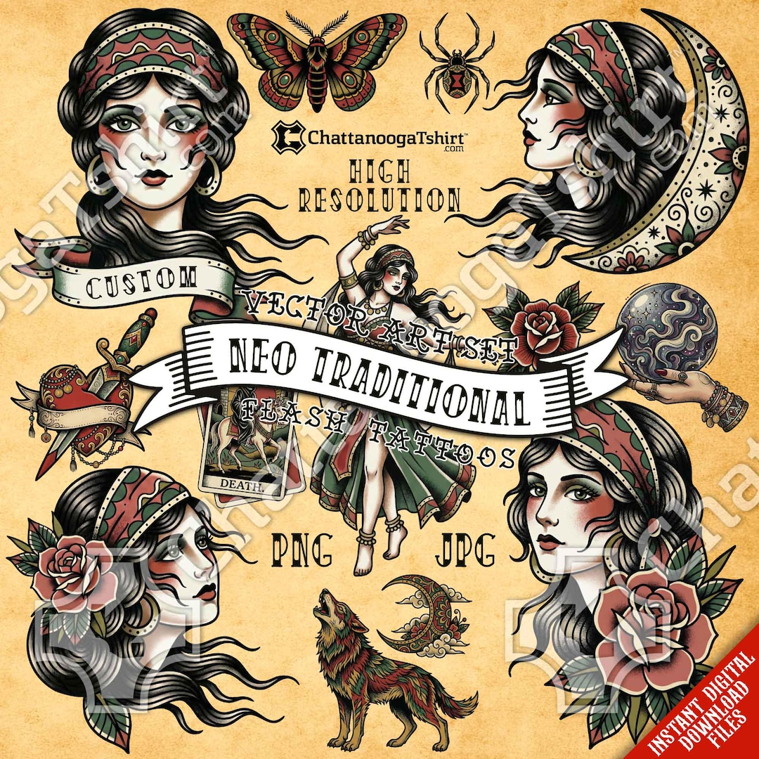 Classic American Neo-traditional Gypsy Tattoo Flash Art Sheet SVG ...