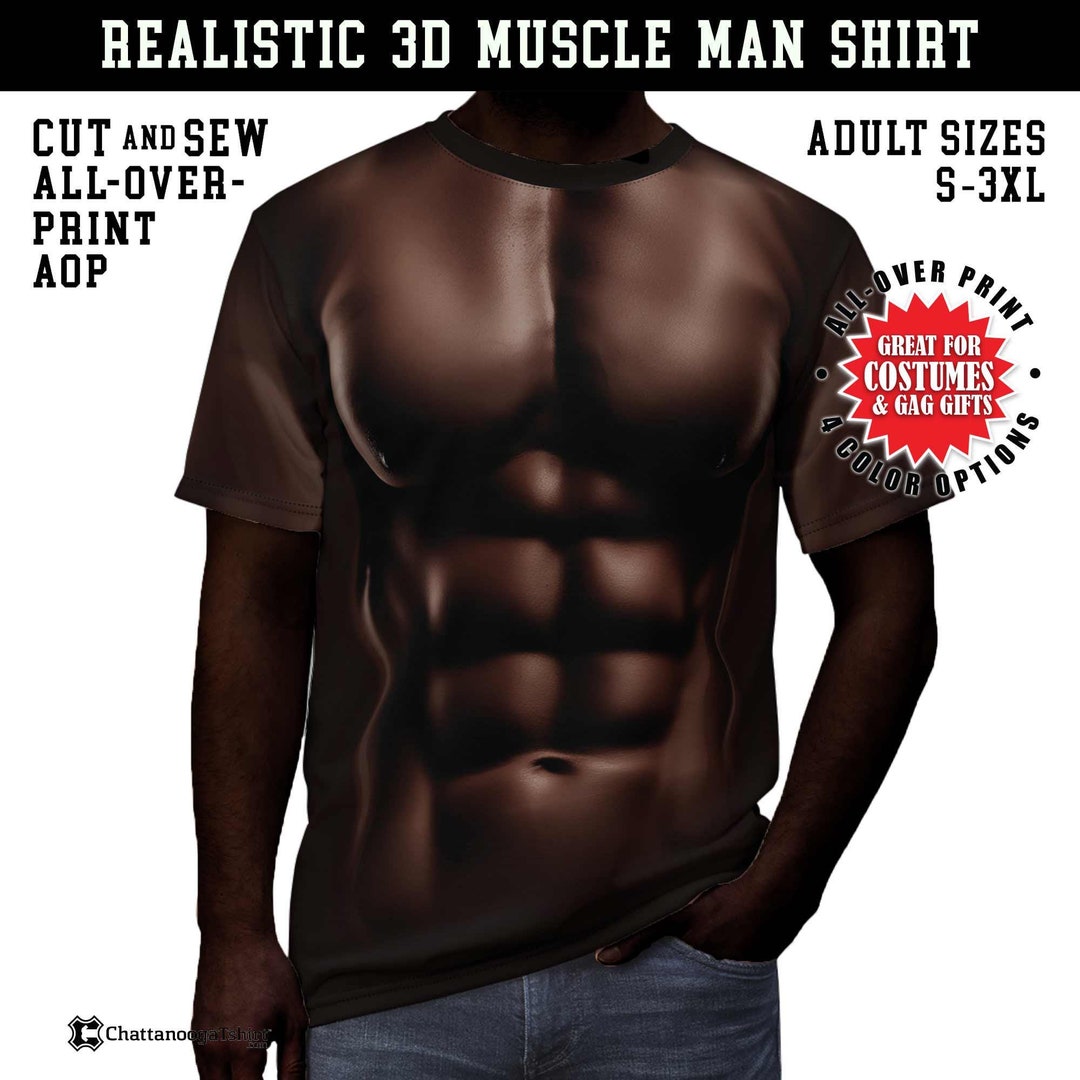 3D Muscle Man Gag T-shirt Realistic Chest and Six-pack Abs Print ...