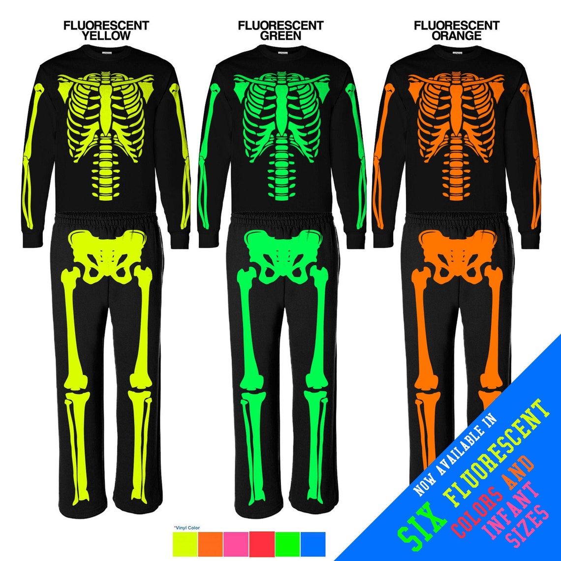 Halloween Skeleton FLUORESCENT Light Costumes Front & Back | Etsy