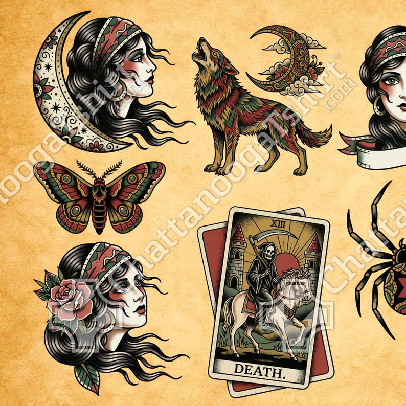 Classic American Neo-traditional Gypsy Tattoo Flash Art Sheet SVG ...