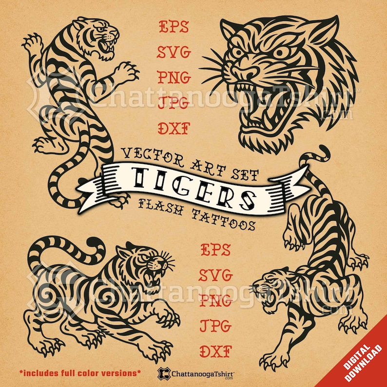 Classic Old School Tiger Tattoo Flash Designs: Traditional Vector Art ...