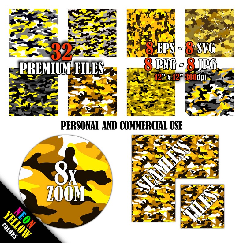 Seamless Neon YELLOW Camo Texture Pattern Vector Pack & Tiling Hi-res ...