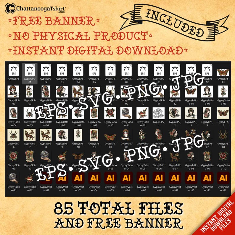 Classic American Neo-traditional Gypsy Tattoo Flash Art Sheet SVG ...