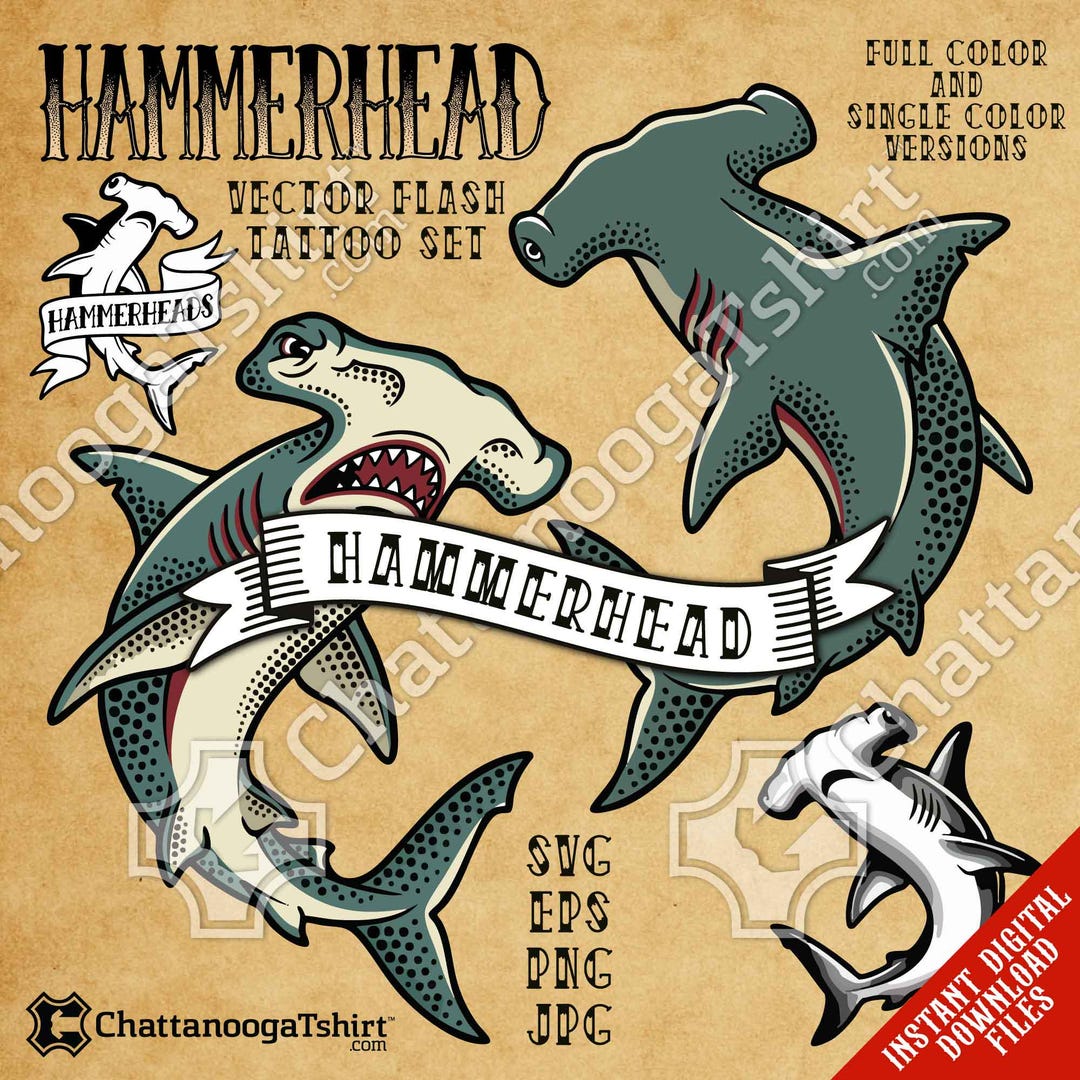 Hammerhead Shark Tattoo Vector Set - Traditional Old School Sharks ...