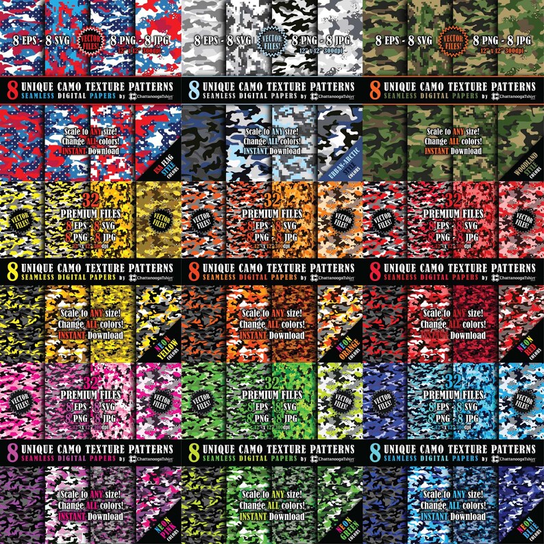 Seamless Neon RED Camo Texture Pattern Vector Pack & Repeating Hi ...