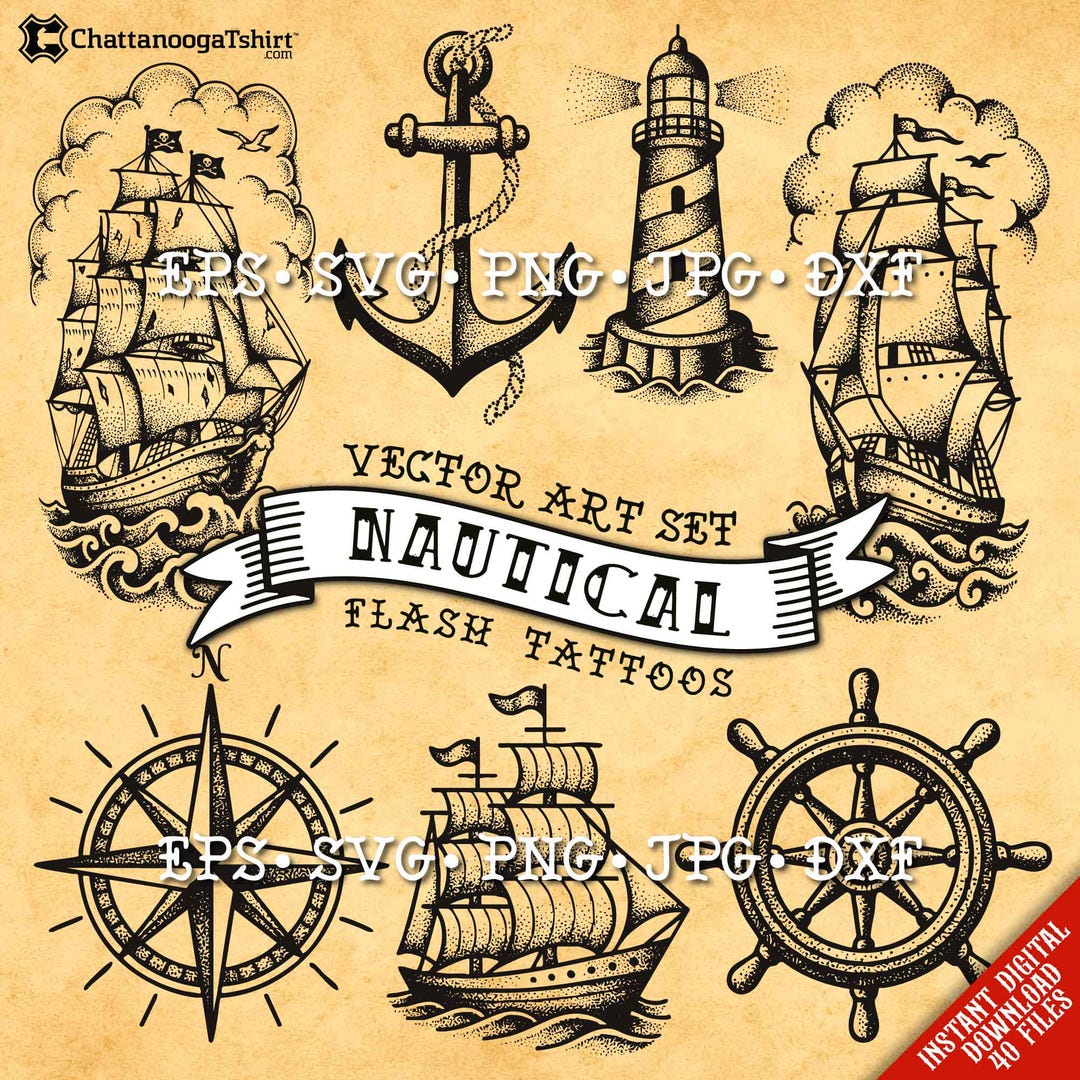 Traditional Nautical Ships Tattoo Flash Vector Set - Pirate Ship ...