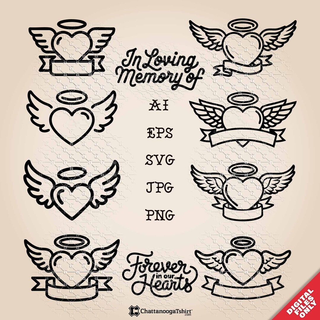 Simple Heart Wings & Halo Outlines Tattoo Vector Icons: Memorial Angel ...