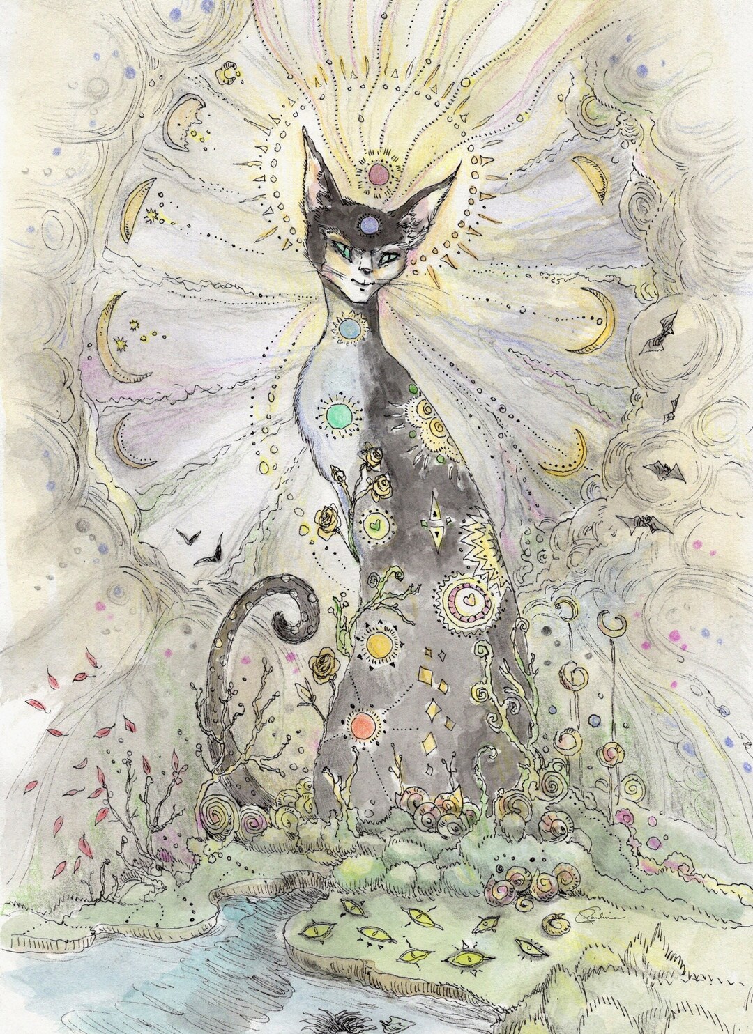 Cat Art - Chakra Cat - Tarot Cat - Garden Cat - Cat Print Reproductions ...