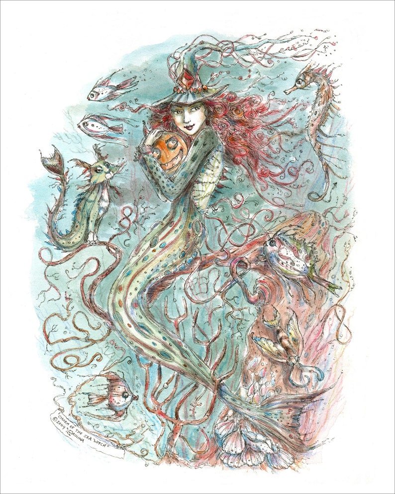 Whimsical Witch and Cats Art Print – Magical Wall Decor by Paulina Fae ...