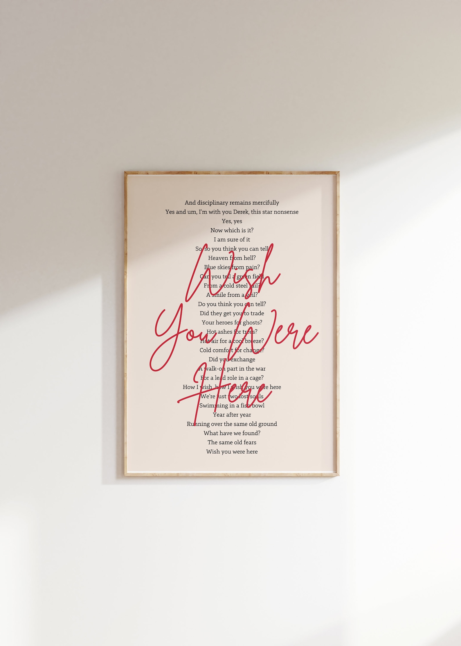Wish You Were Here, Pink Floyd Poster, Pink Floyd Print, Song Lyrics ...