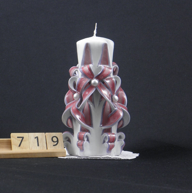 Hand Carved Candle White and Red Double Bow Carve 5 Inch | Etsy